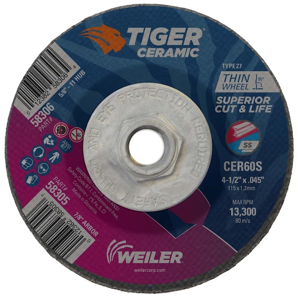 Weiler Type 27, 4-1/2 in Dia, 0.045 in Thick, Ceramic, 60 Grit 58306 | Zoro